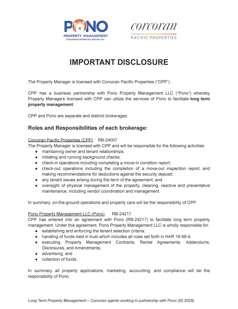 Property Management Long Term Disclosure - Corcoran Pacific Properties
